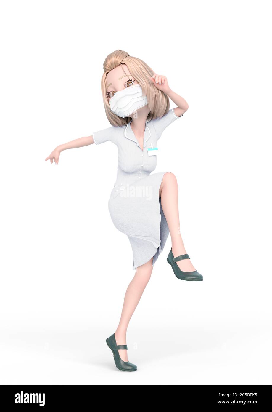 blond nurse cartoon wearing mask is happy and dancing, 3d illustration ...