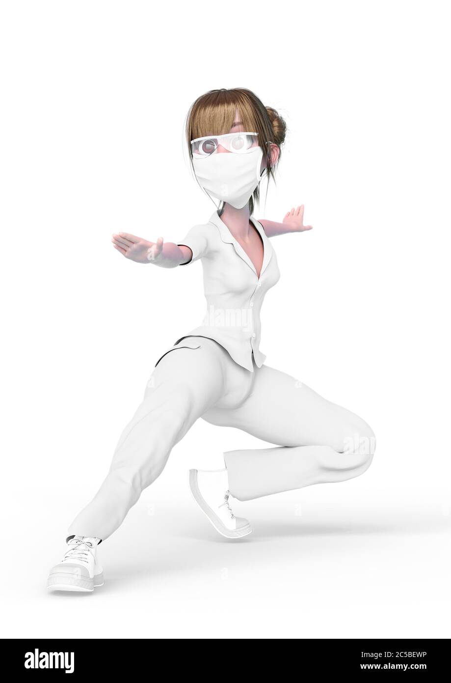 nurse cartoon doing a combat fighter pose in white background, 3d ...