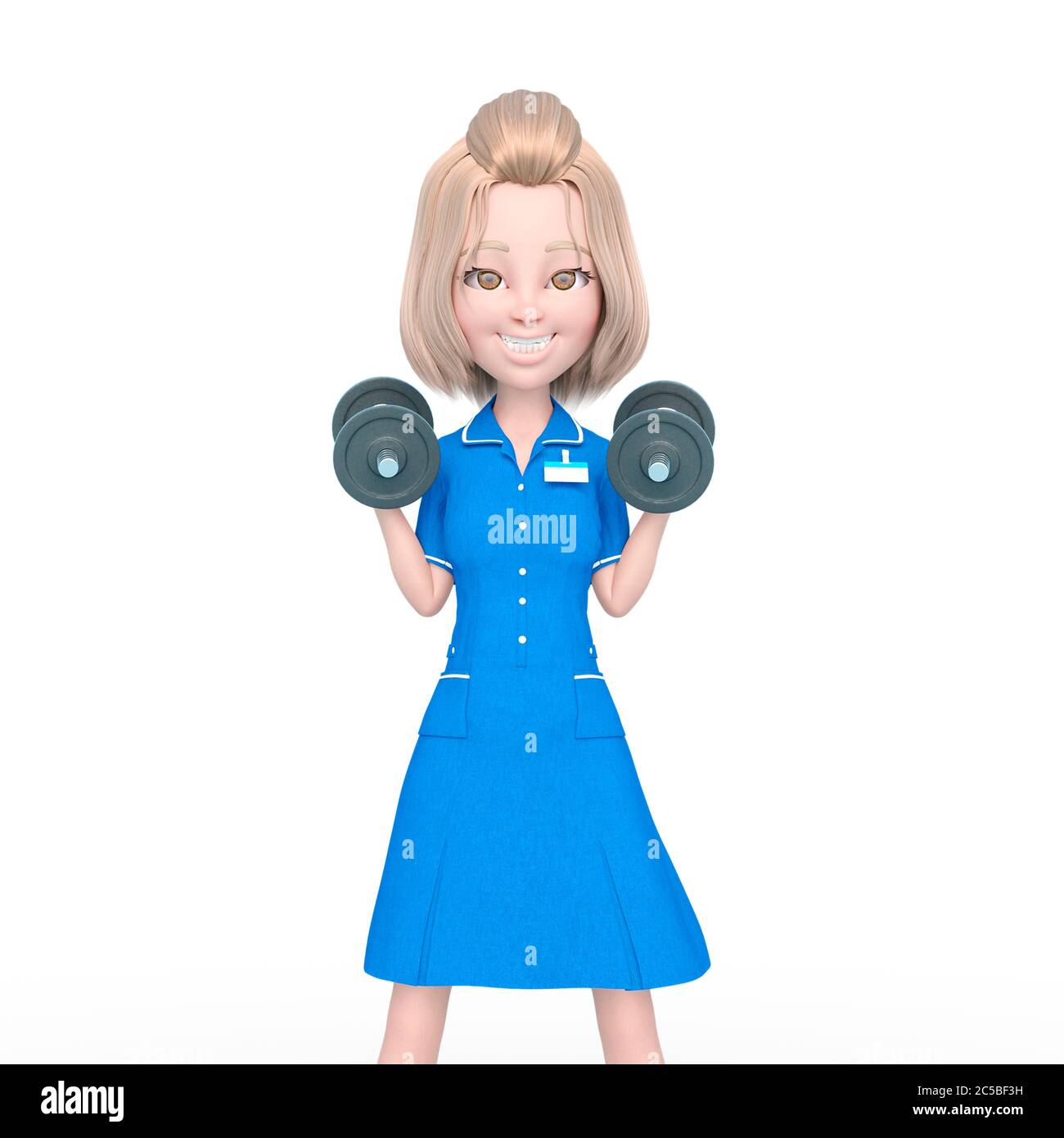 blond nurse cartoon is doing some workout exercise with the dumbbells ...