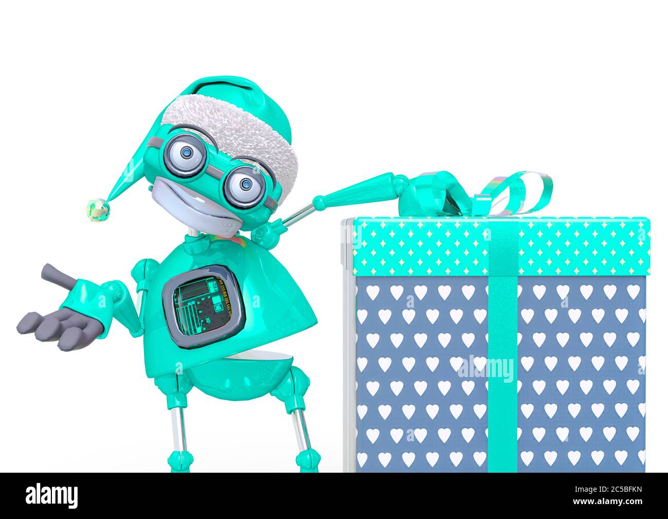 santa bot beside the gift box in white background close up, 3d ...