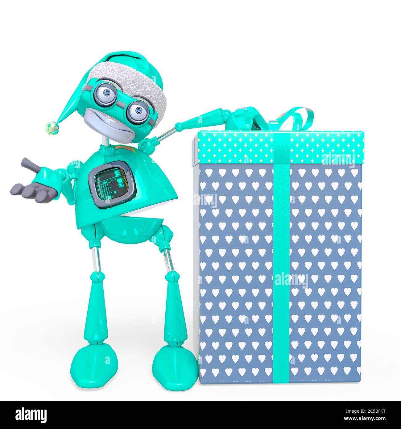 santa bot beside the gift box in white background, 3d illustration ...