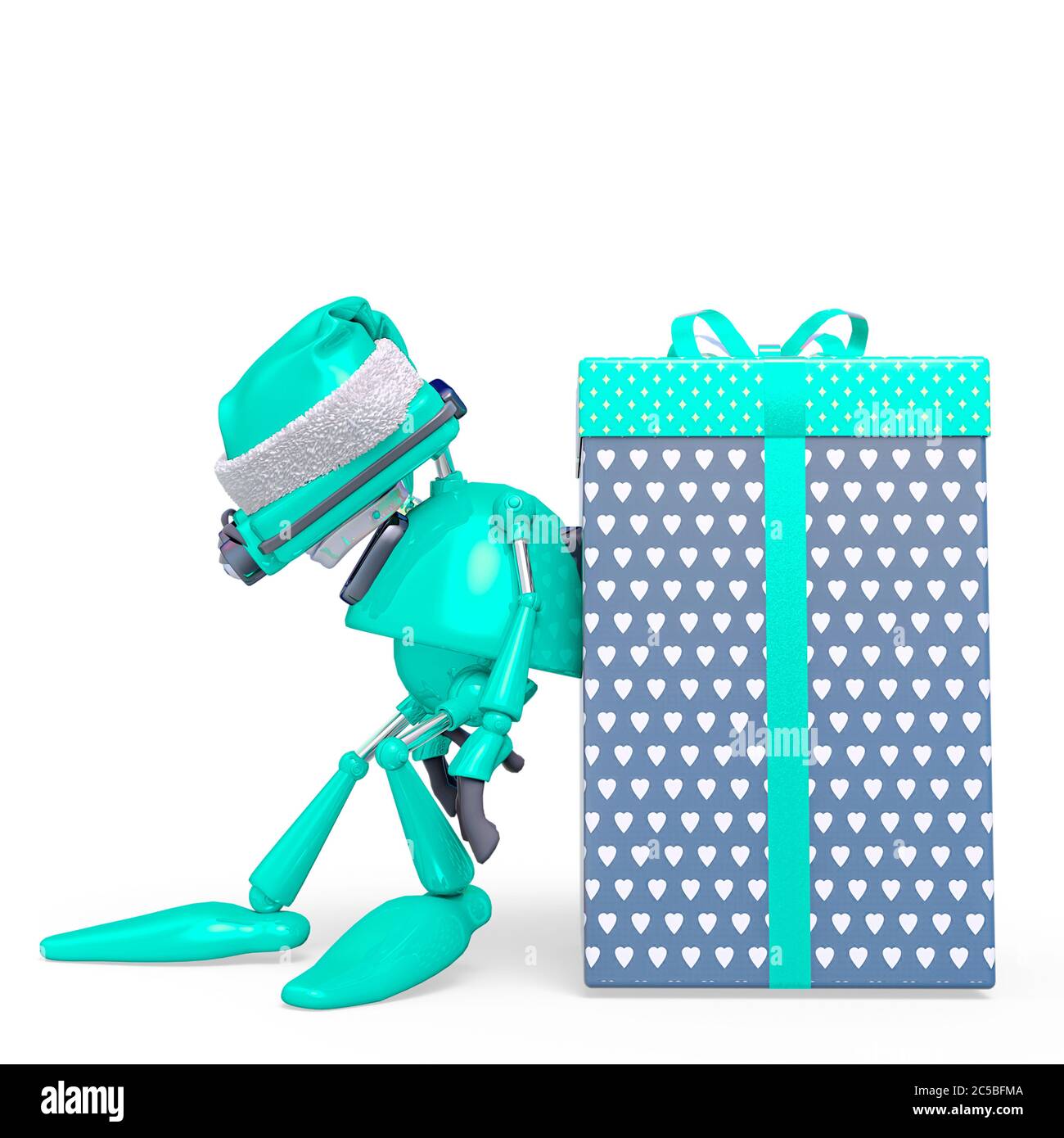 santa bot leaning on the gift box in white background, 3d illustration ...
