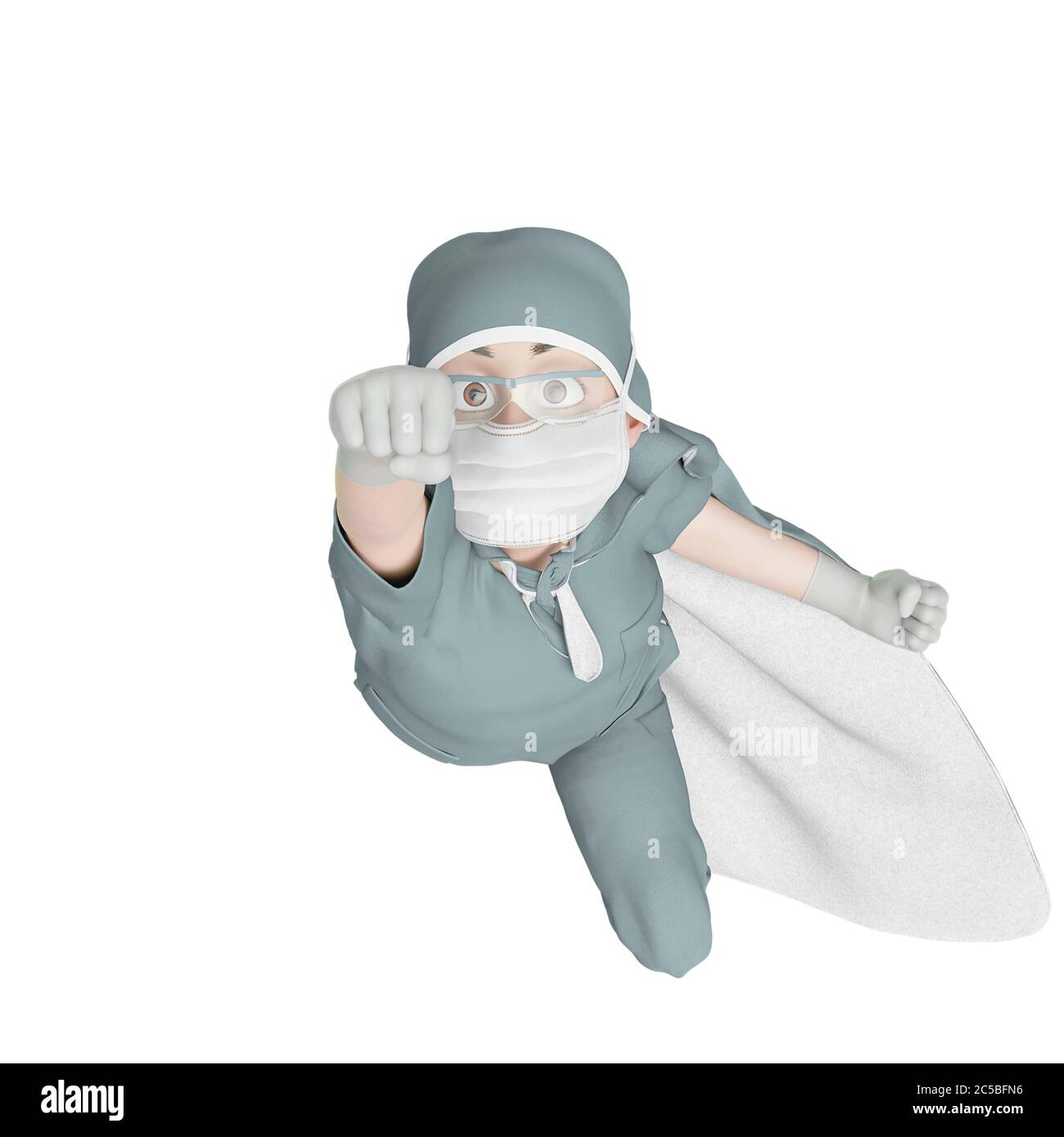 super doctor cartoon is flying up in white background drone view, 3d ...