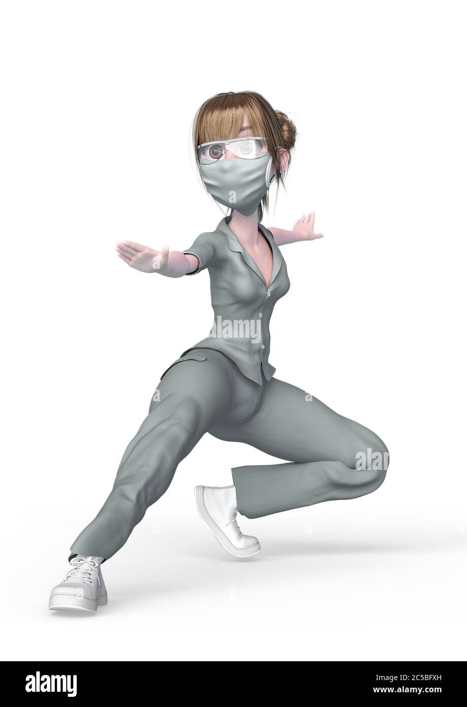 nurse cartoon doing a combat fighter pose in white background, 3d ...