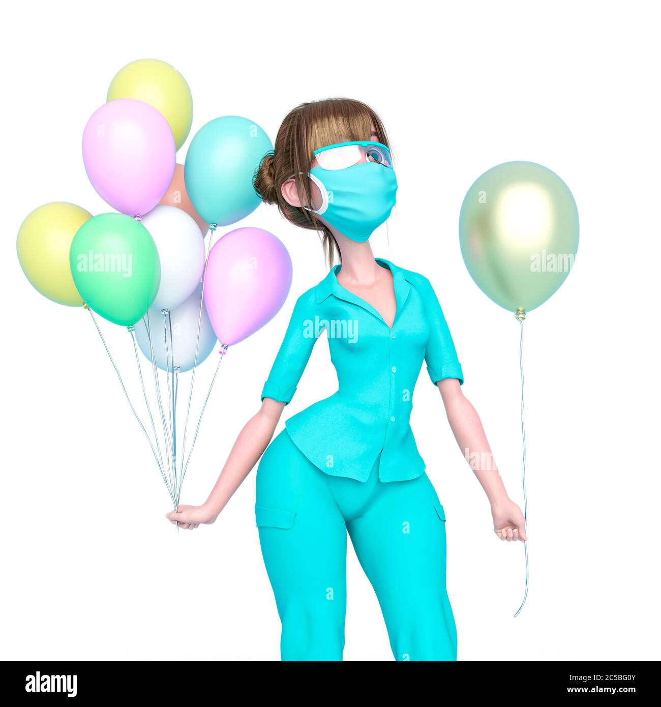 nurse cartoon with ballon in white background close up view, 3d ...