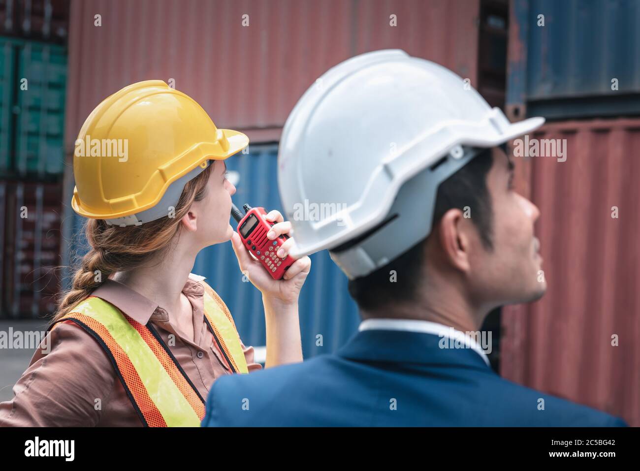 Business Team Container Cargo Shipping Control Inspection Loading Dock And Management Import