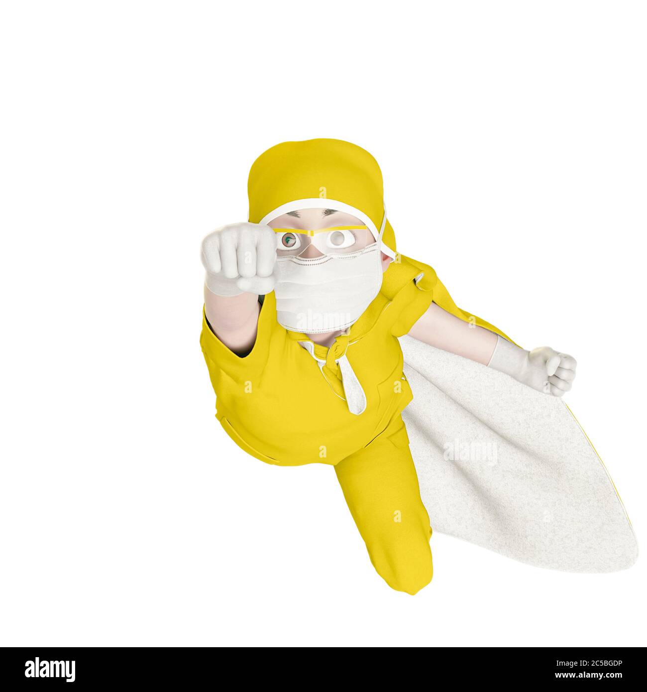 super doctor cartoon is flying up in white background drone view, 3d ...