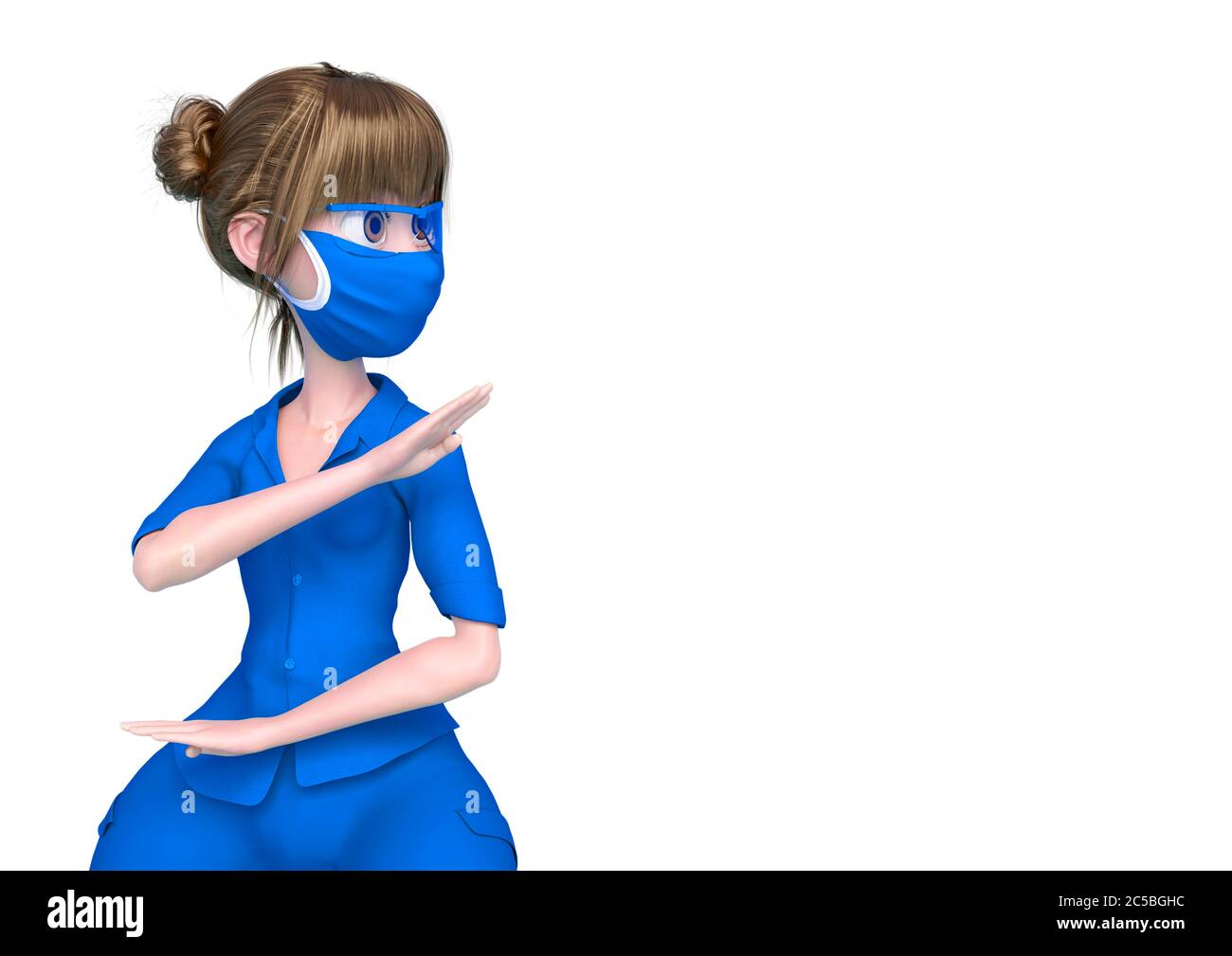 nurse cartoon doing a combat fighter pose in white background with copy ...