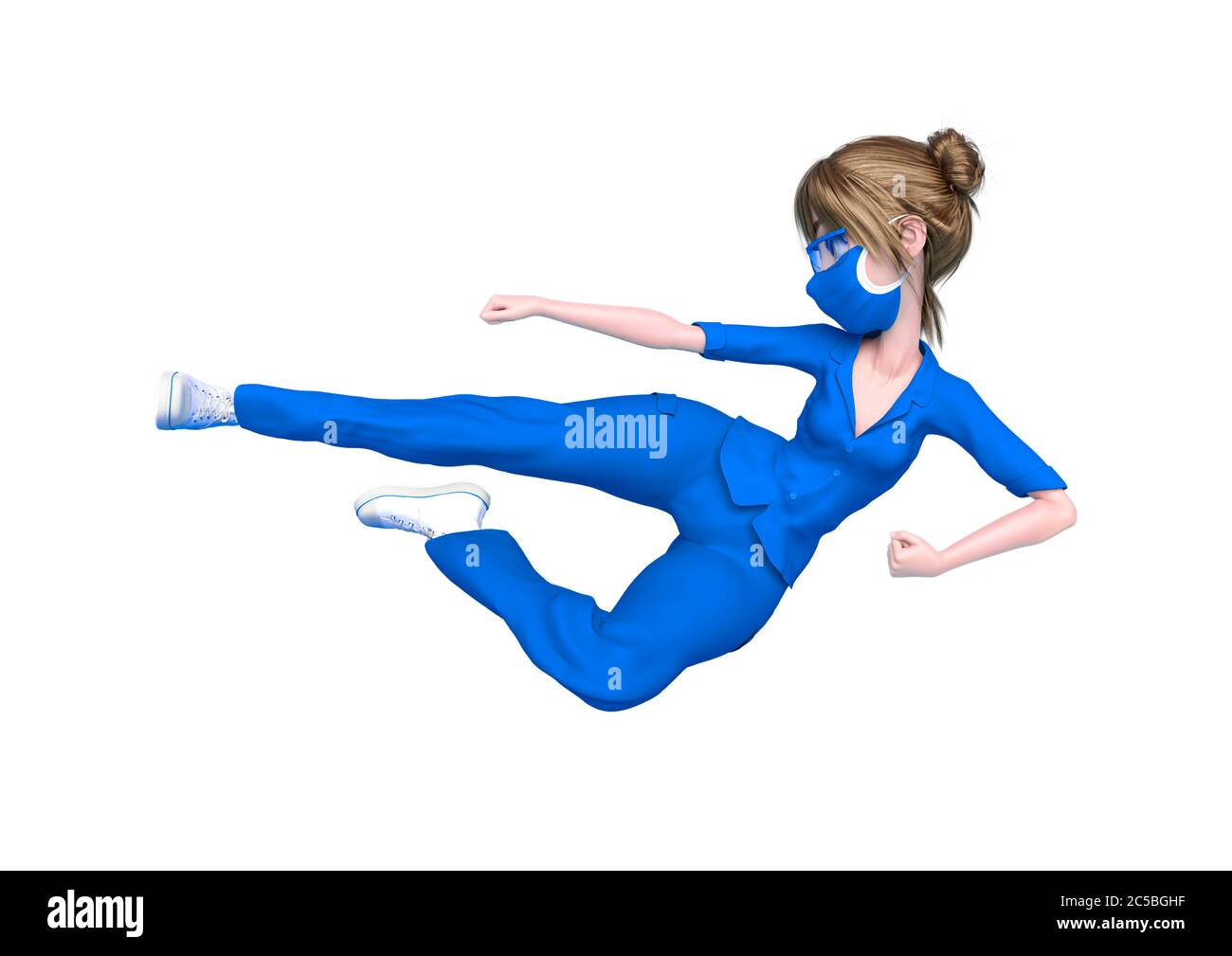 nurse cartoon doing a jump fighter pose in white background, 3d ...