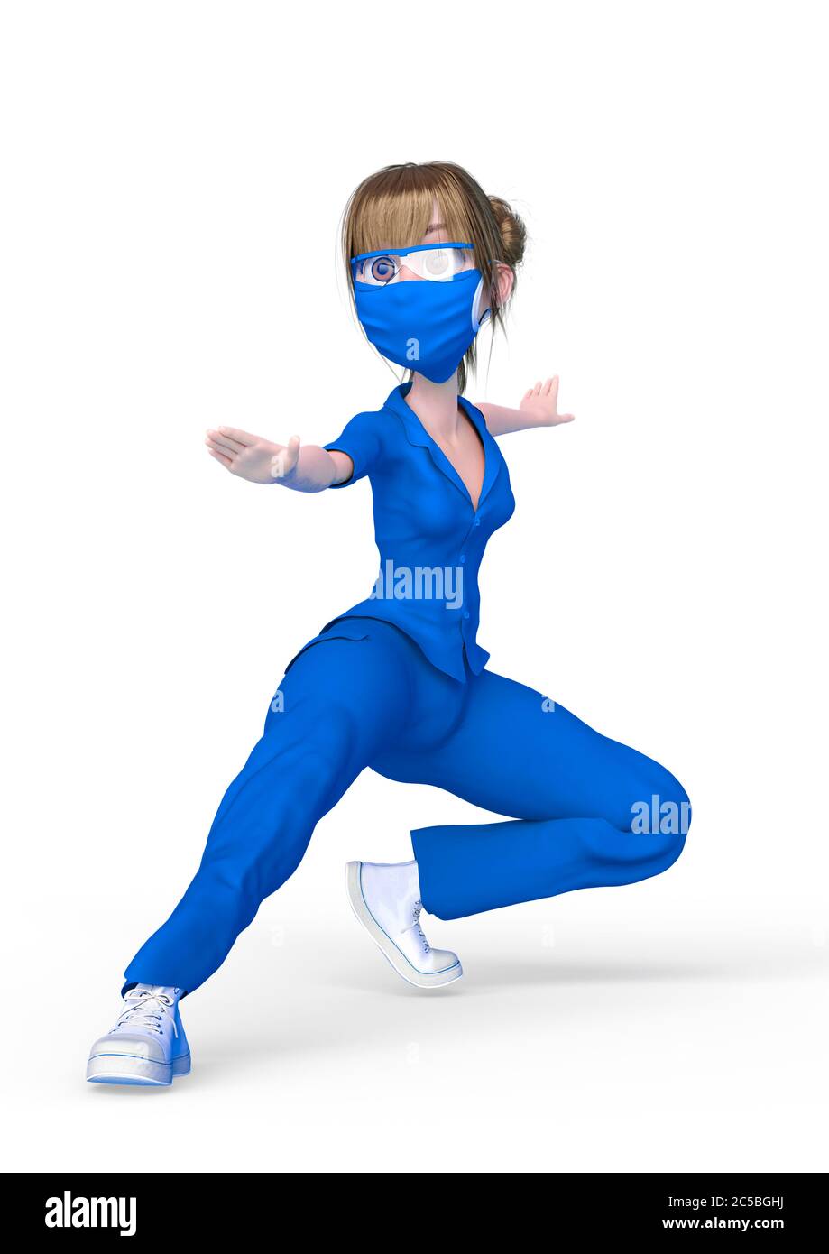 nurse cartoon doing a combat fighter pose in white background, 3d ...