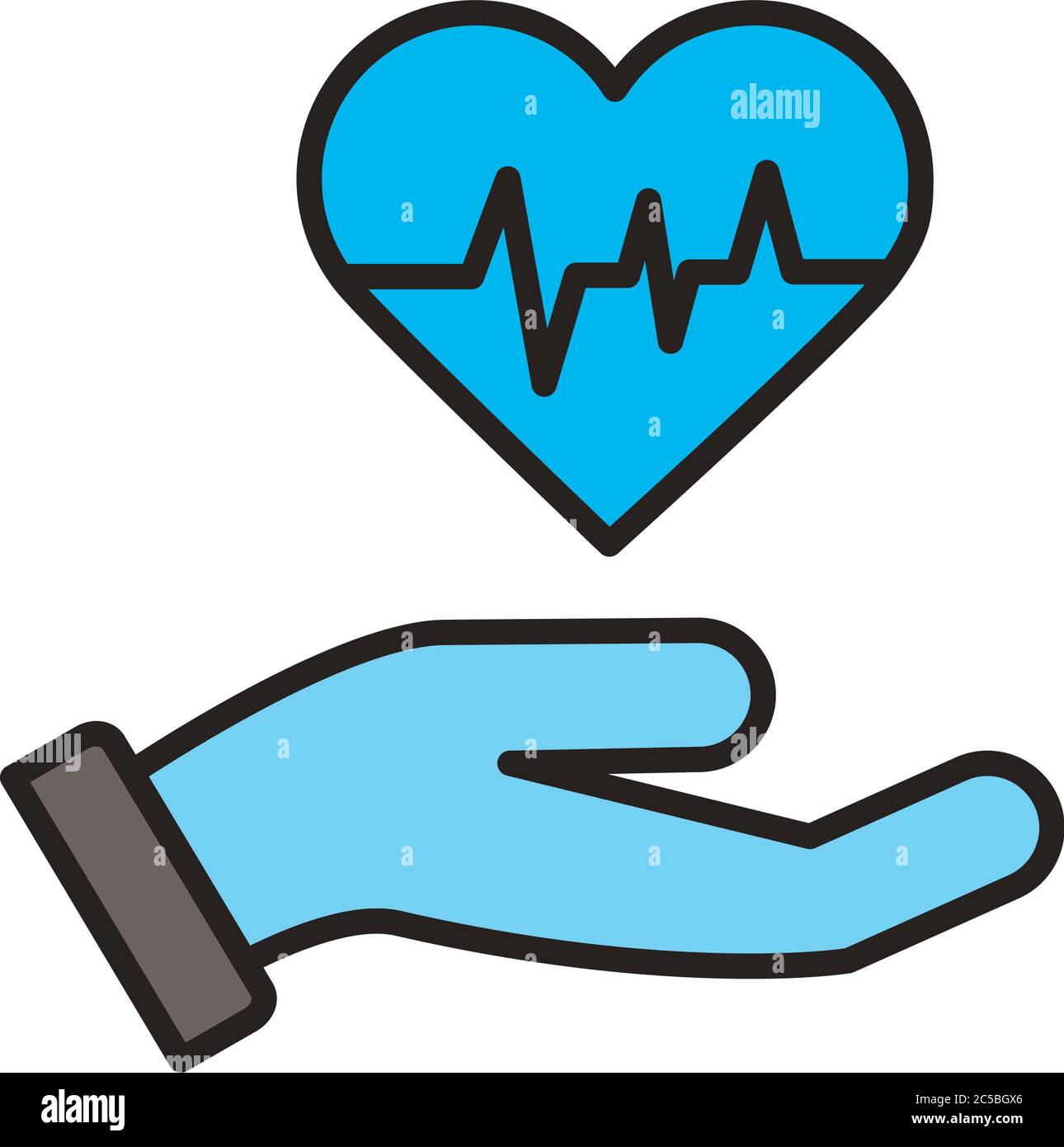 hand with medical heart cardiology pulse line and fill style icon ...