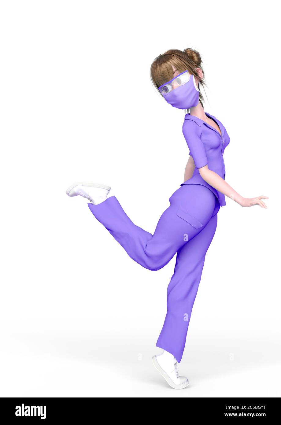 nurse cartoon is walking and looking back in white background, 3d ...