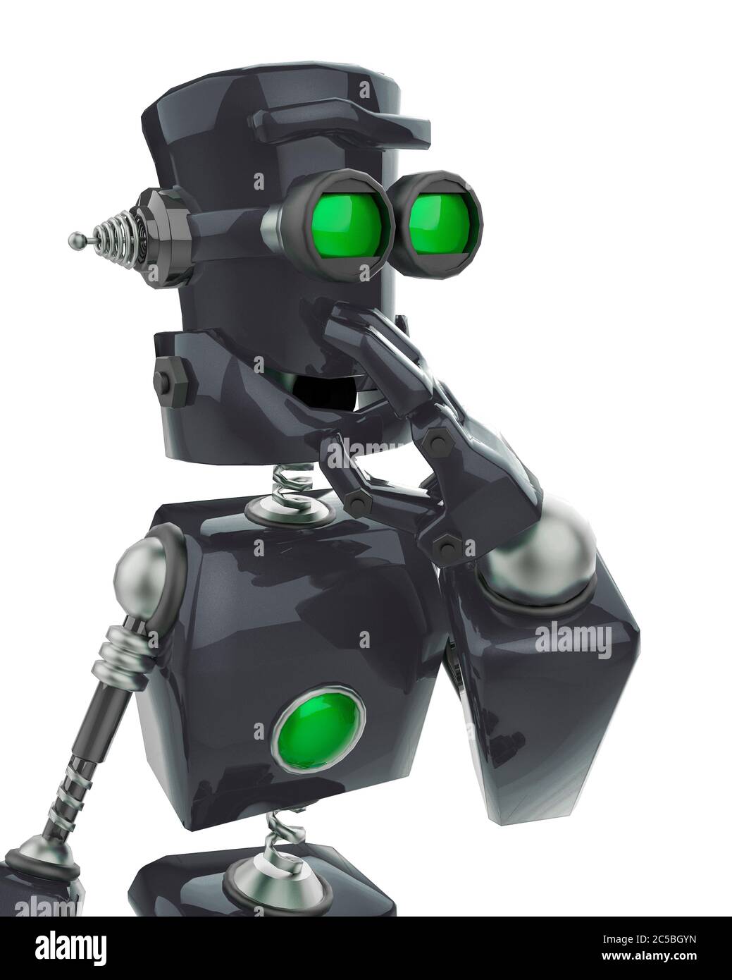 funny robot cartoon is thinking about in a white background close up ...