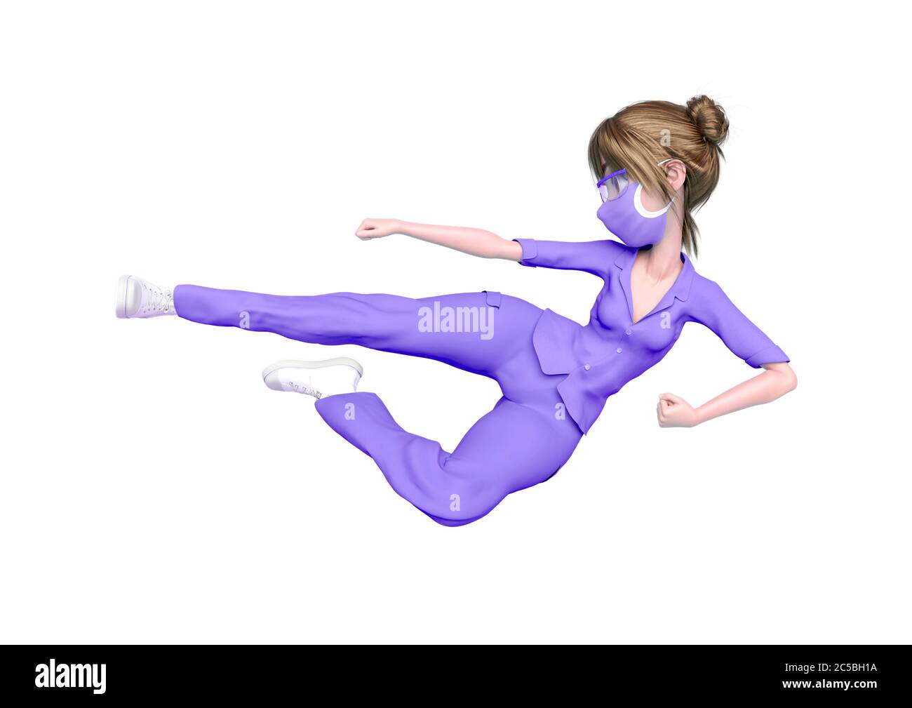 nurse cartoon doing a jump fighter pose in white background, 3d ...
