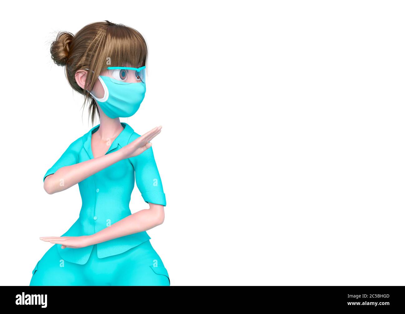 nurse cartoon doing a combat fighter pose in white background with copy ...