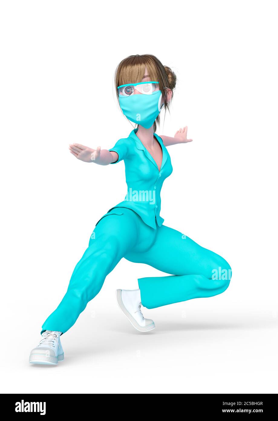 nurse cartoon doing a combat fighter pose in white background, 3d ...