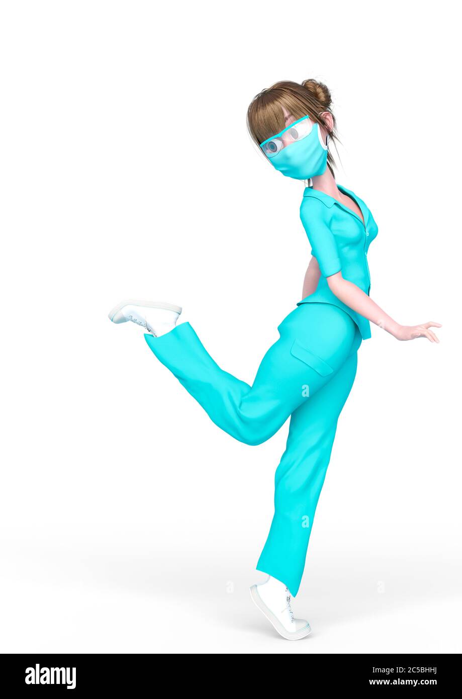 nurse cartoon is walking and looking back in white background, 3d ...