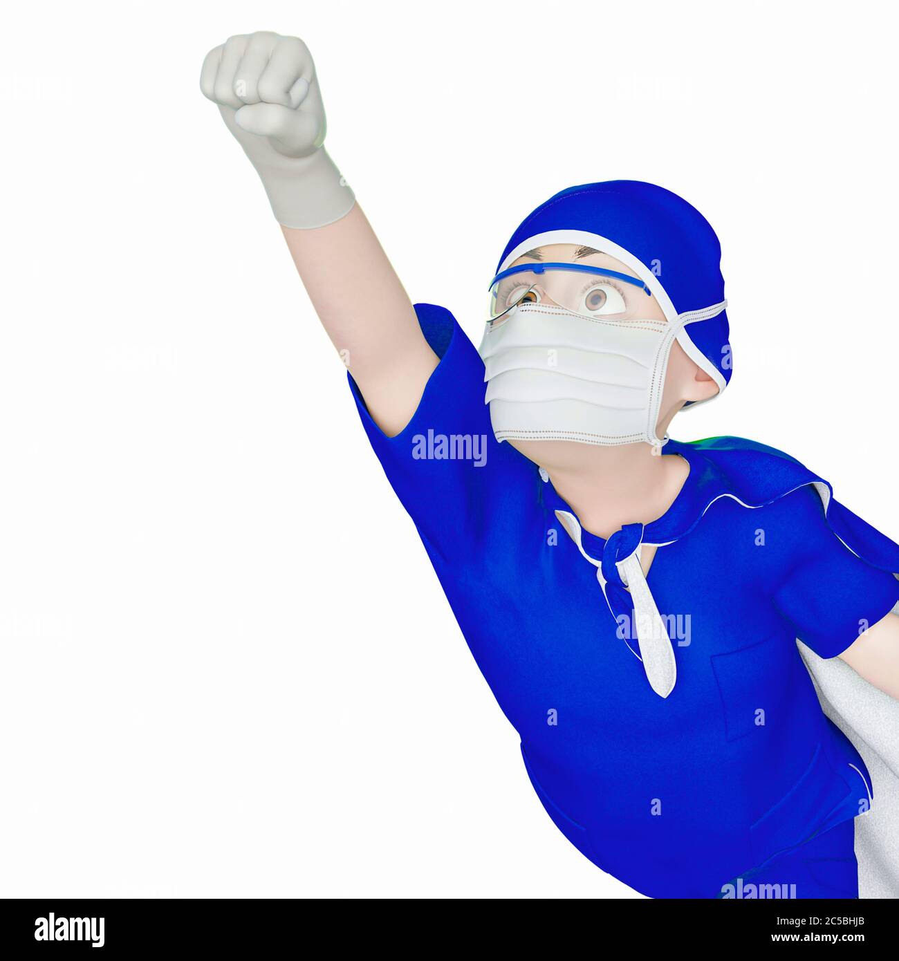 super doctor cartoon is flying up in white background close up, 3d ...
