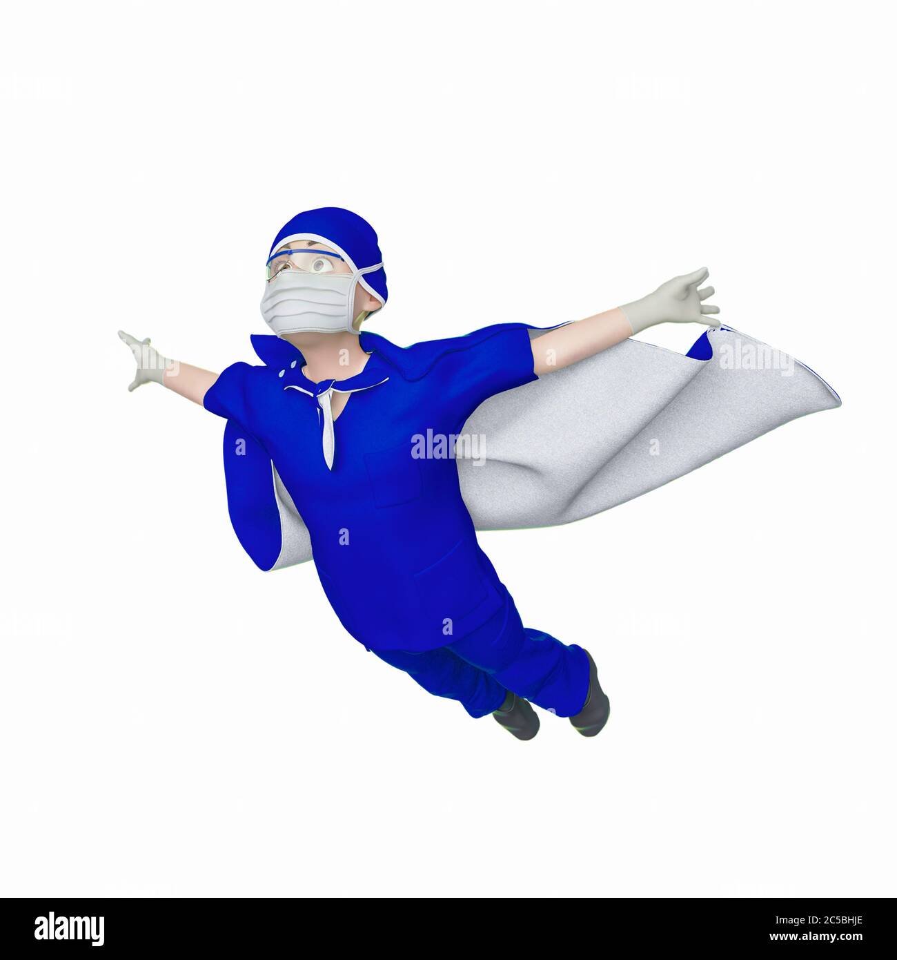 super doctor cartoon is flying away in white background, 3d ...