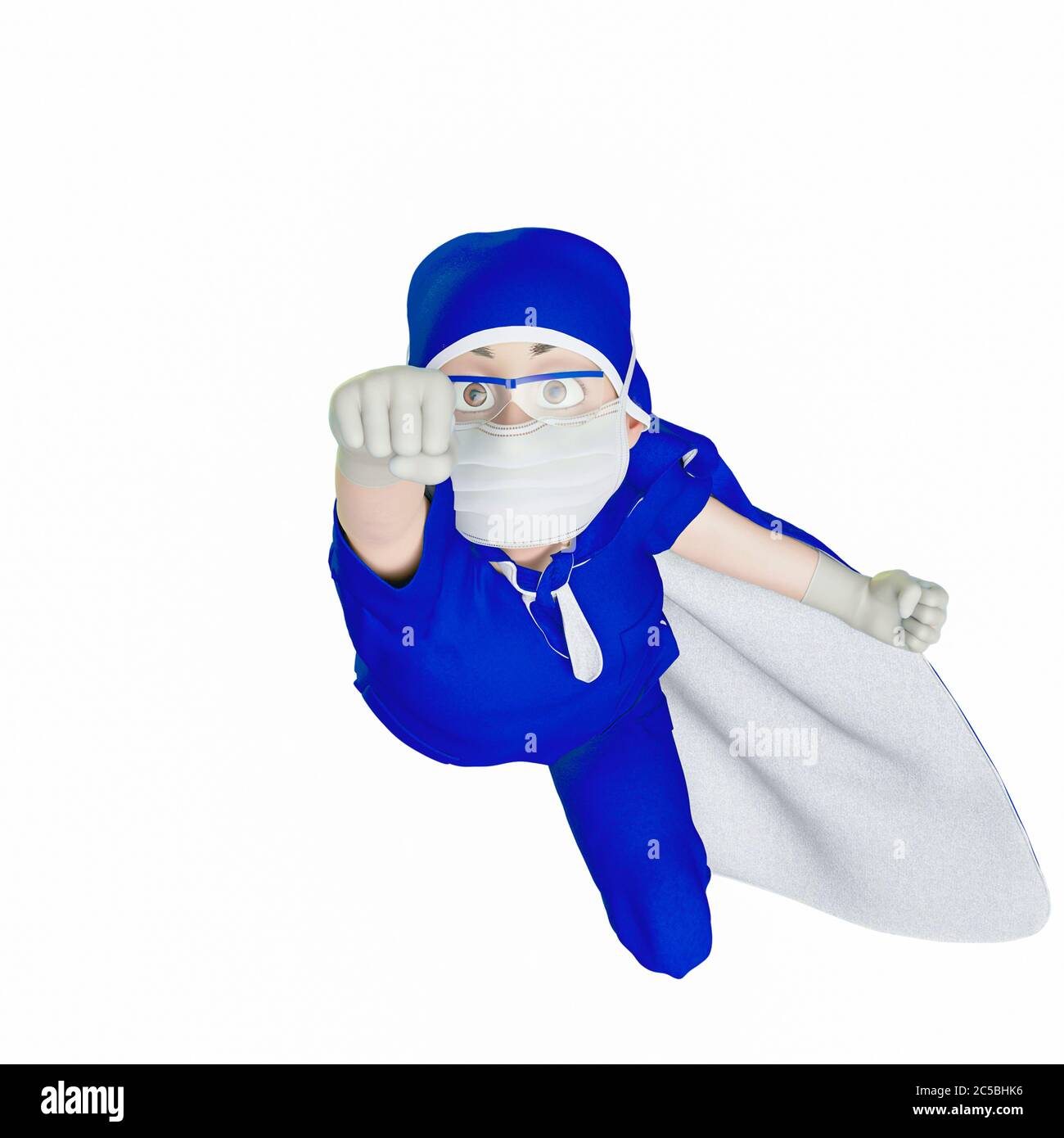 super doctor cartoon is flying up in white background drone view, 3d ...