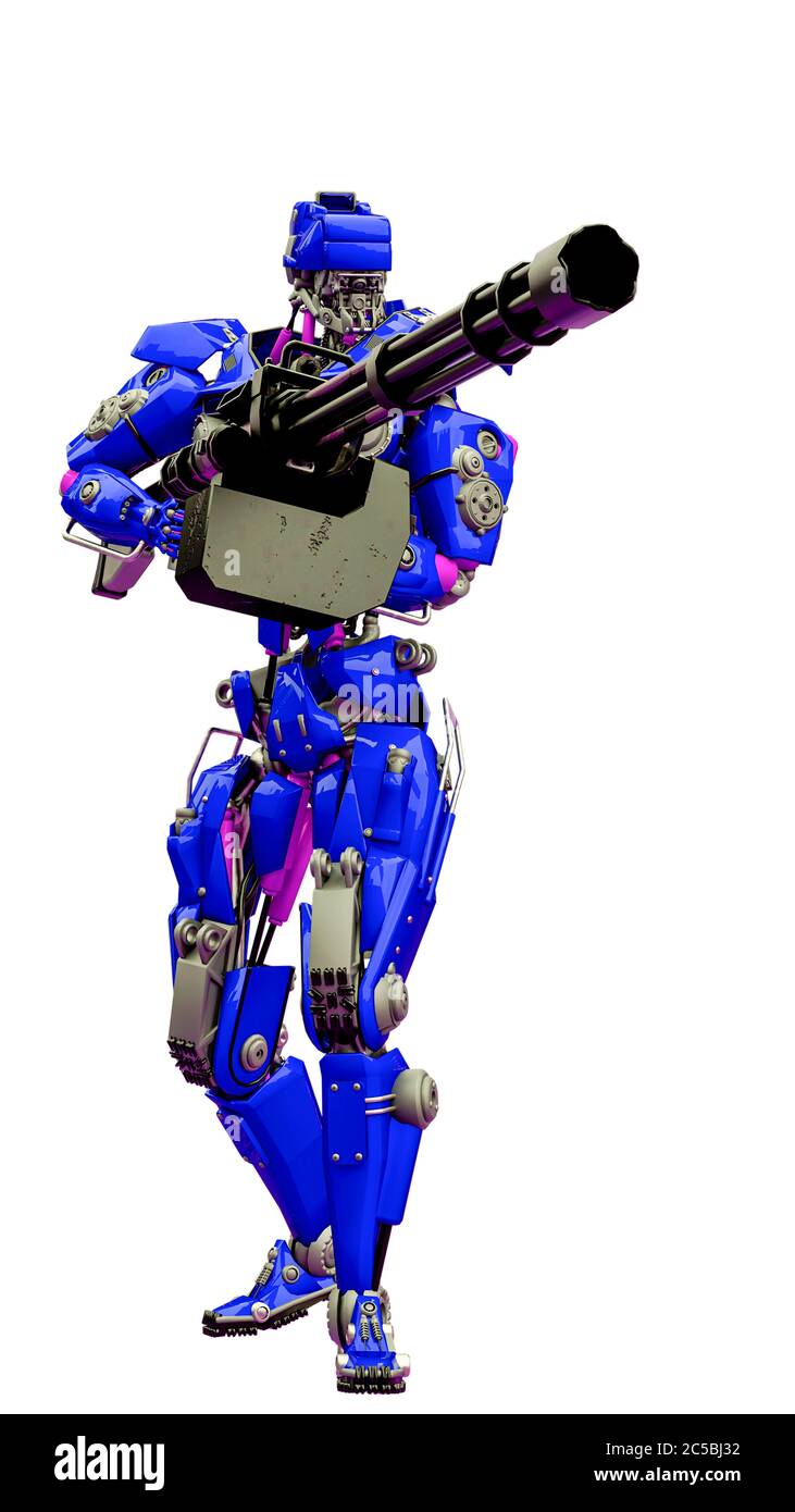 mechanical soldier holding a huge machine gun, 3d illustration Stock ...