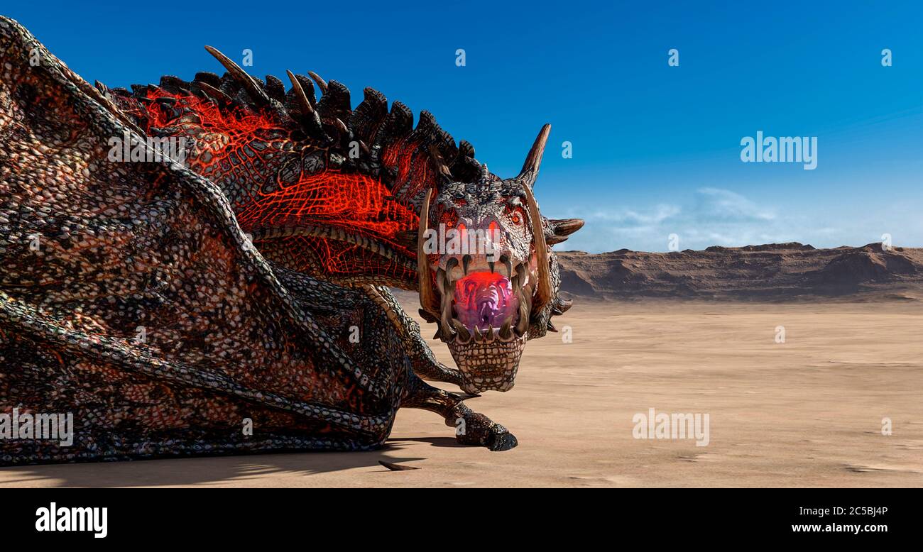 dragon is resting alone on desert with copy view, 3d illustration Stock ...