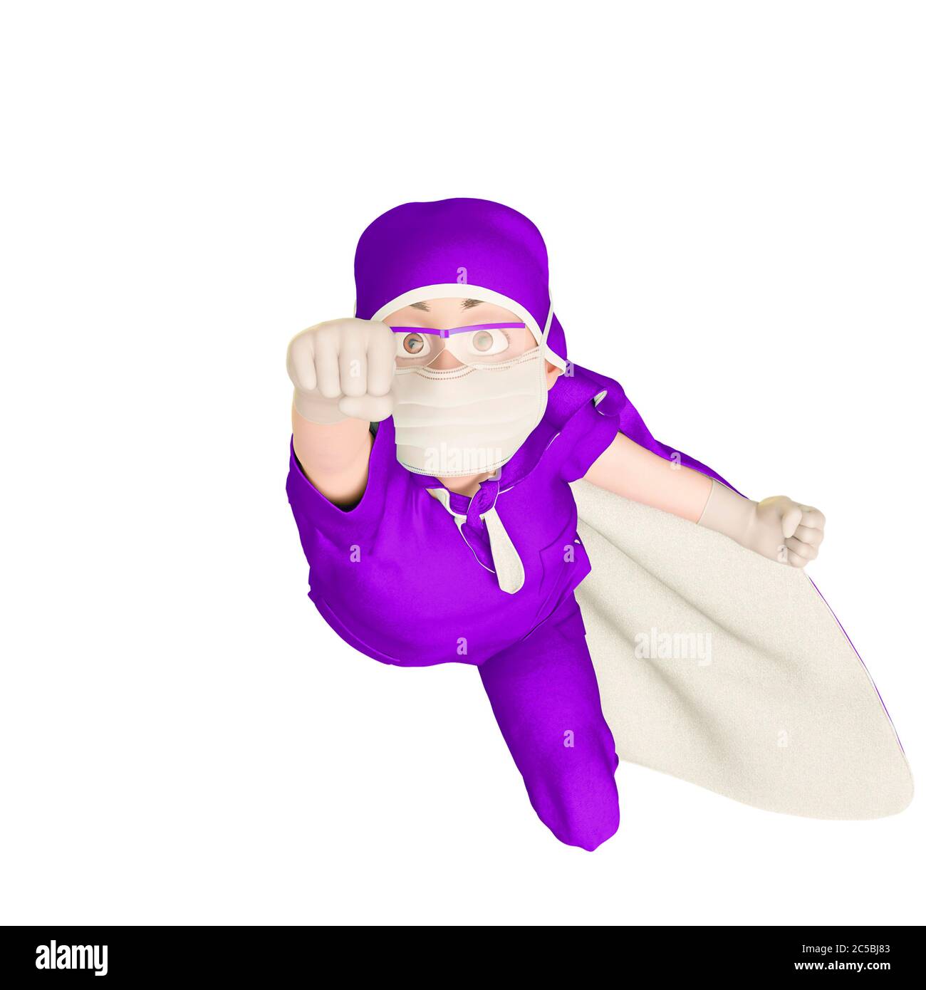 super doctor cartoon is flying up in white background drone view, 3d ...
