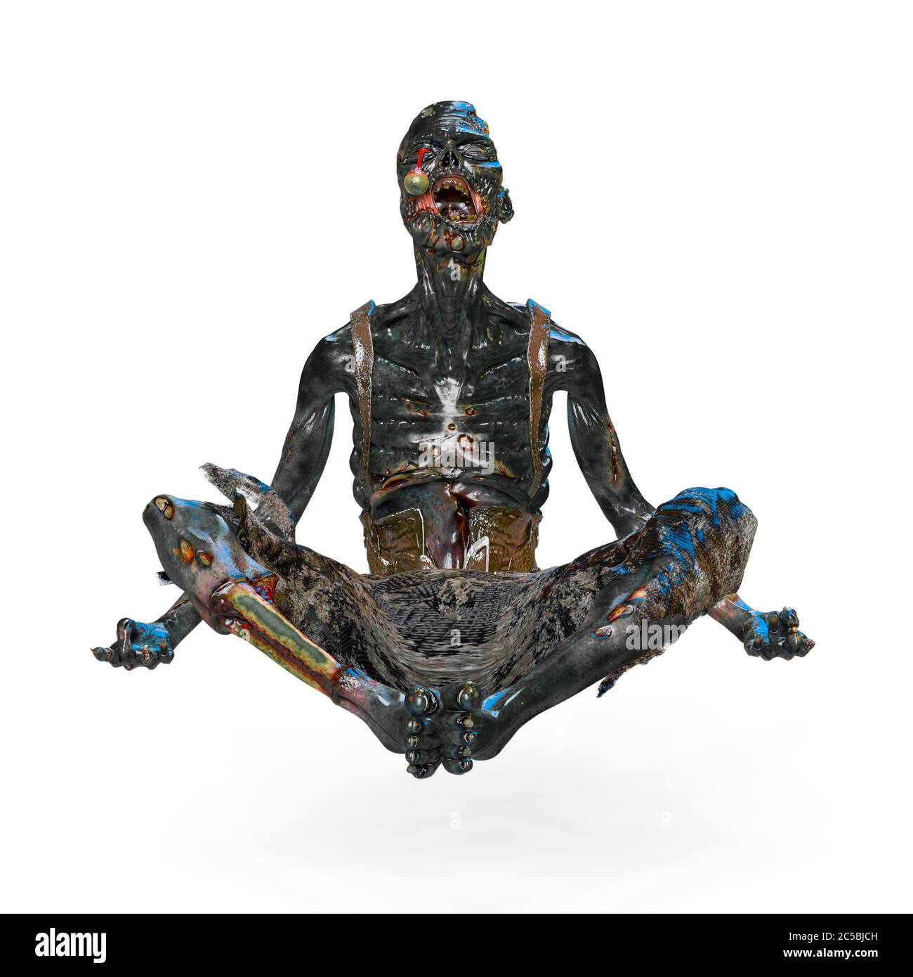 zombie is floating and doing some yoga on white background, 3d ...