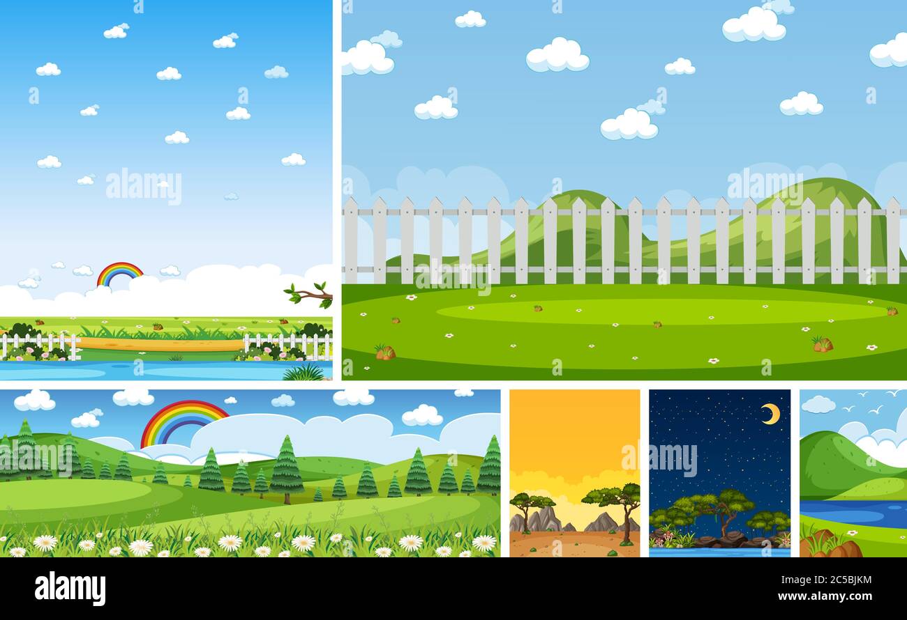 Set of different nature place scene in vertical and horizon scenes at ...