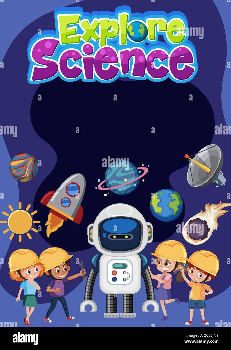 Explore science logo with blank banner and kids wearing engineer ...