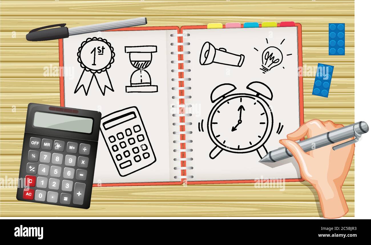 Close up hand writing a clock on notebook with calculator on desk ...
