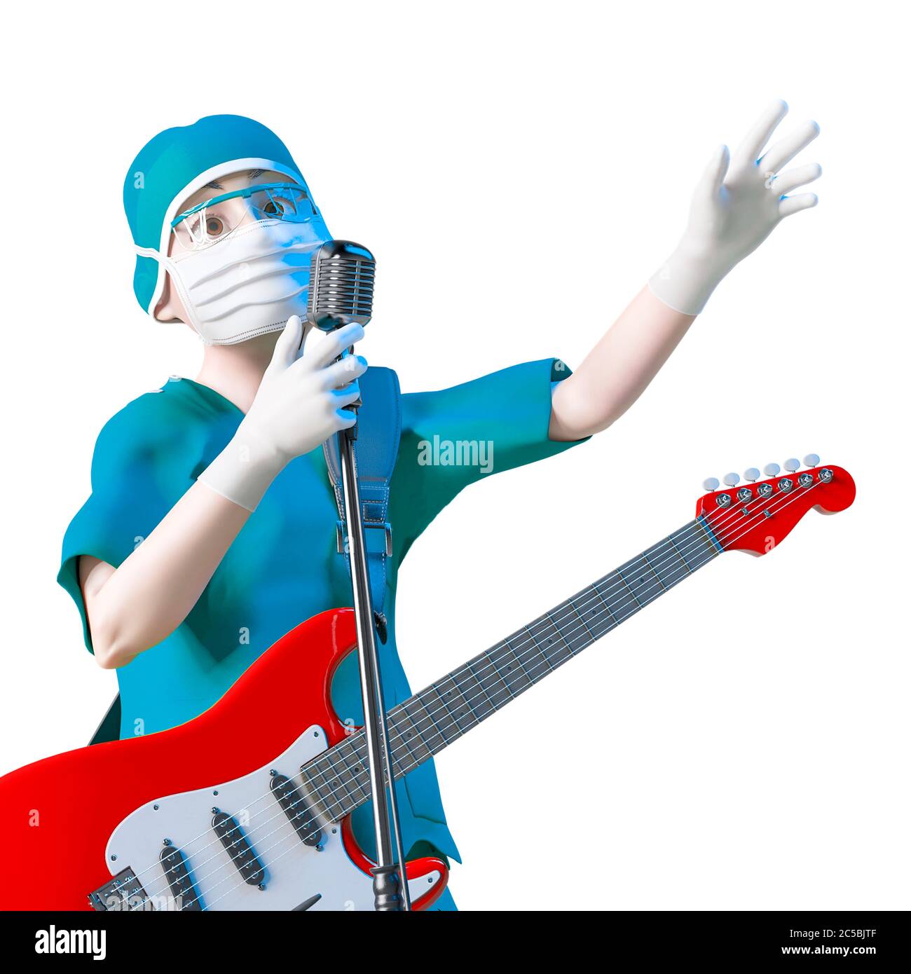 doctor cartoon is singing and playing guittar in white background close ...