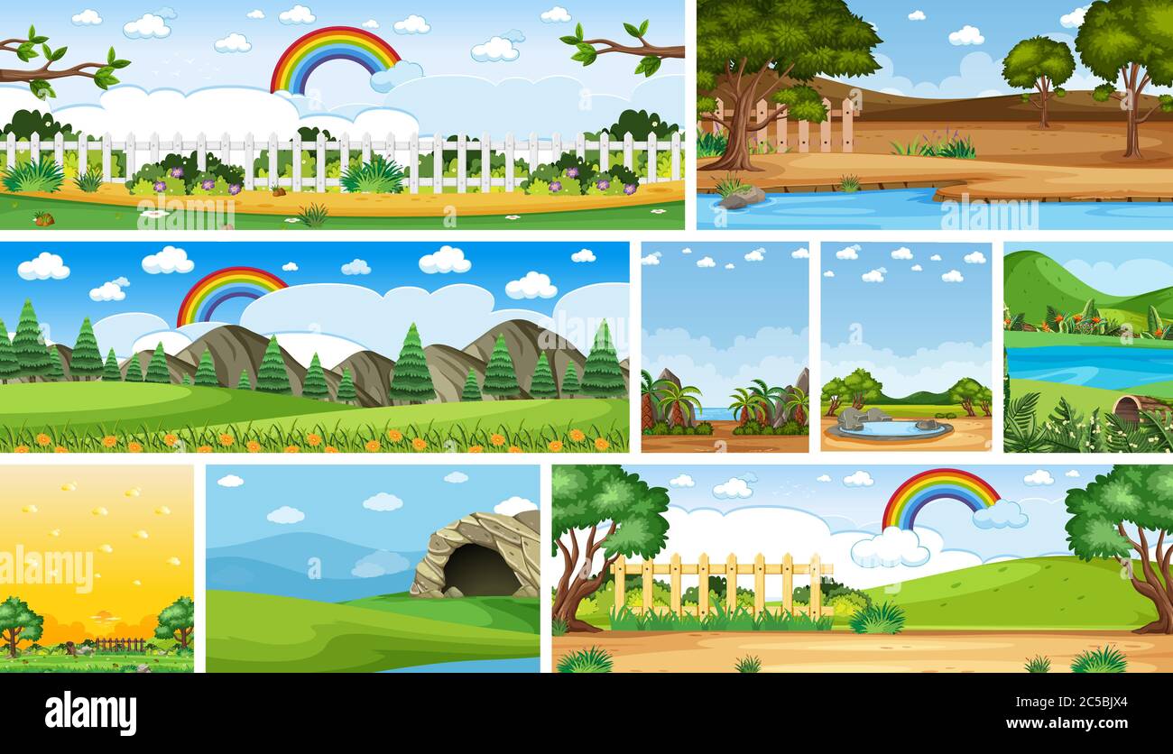 Set of different nature place scene in vertical and horizon scenes at ...