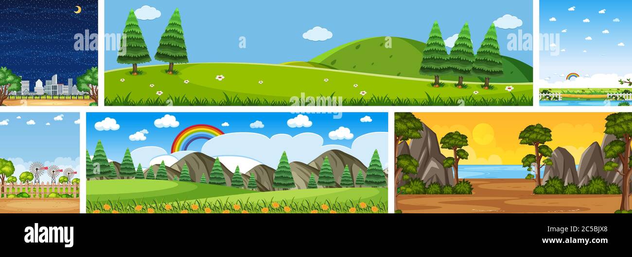 Set of different nature place scene in vertical and horizon scenes at ...