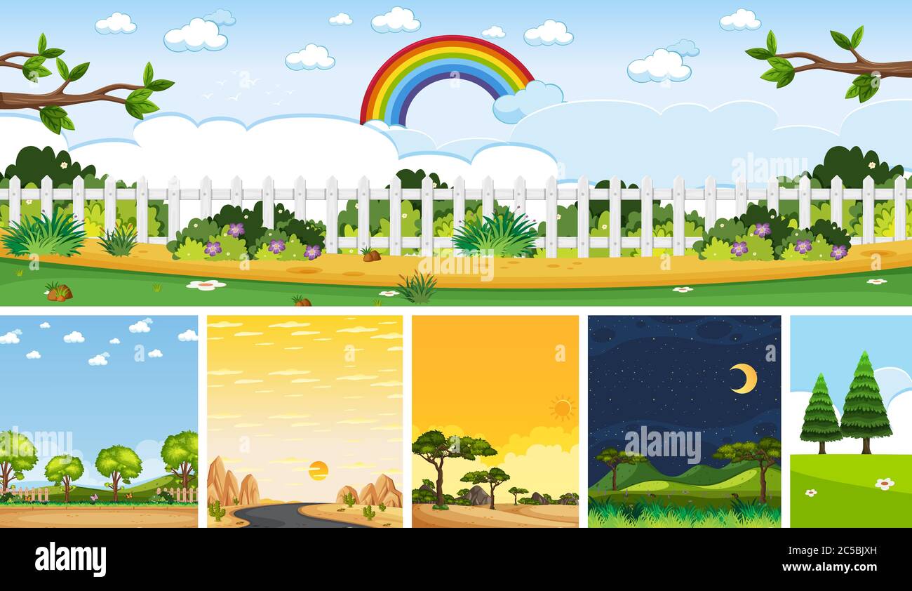 Set of different nature place scene in vertical and horizon scenes at ...