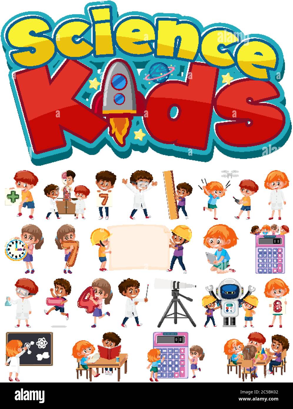 Science kids logo and set of children with education objects isolated ...
