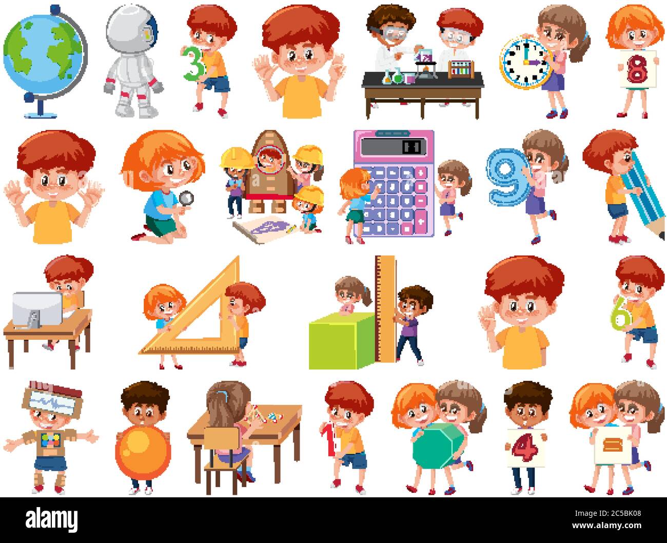 Set of children with education objects isolated illustration Stock ...