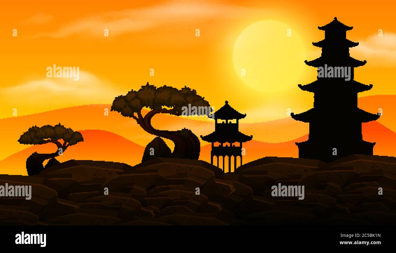 Background scene with sunset and silhouette asian temples illustration ...
