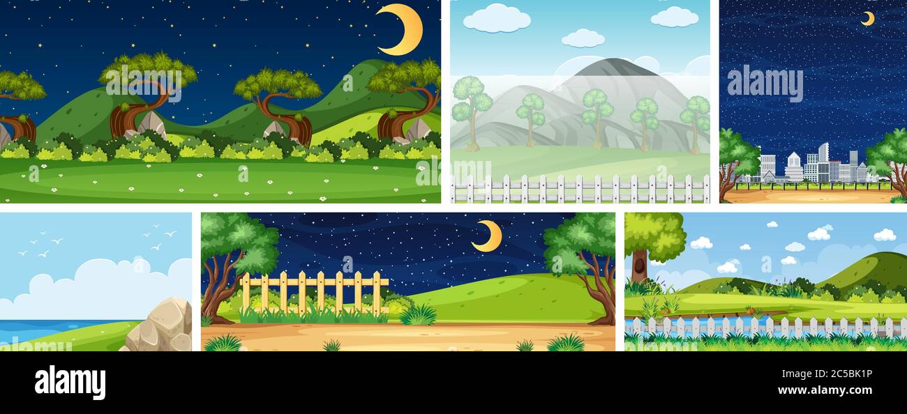 Set of different nature place scene in vertical and horizon scenes at ...