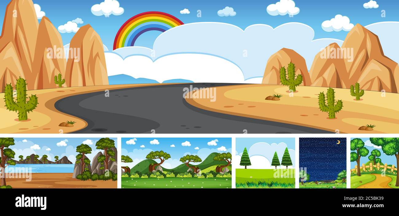 Set of different nature place scene in vertical and horizon scenes at ...