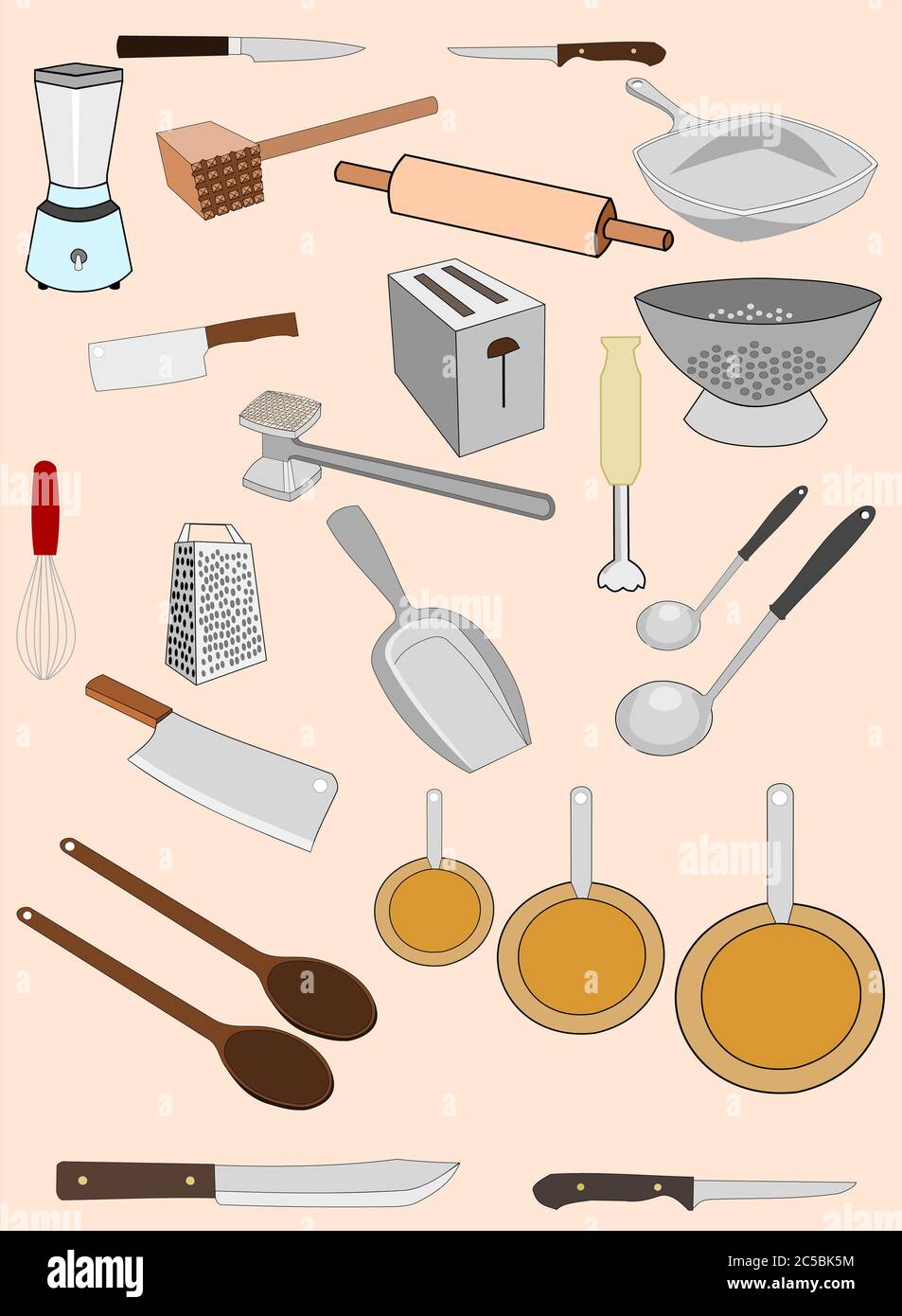 A digital drawing of various kitchen tools for the chef in color on a ...