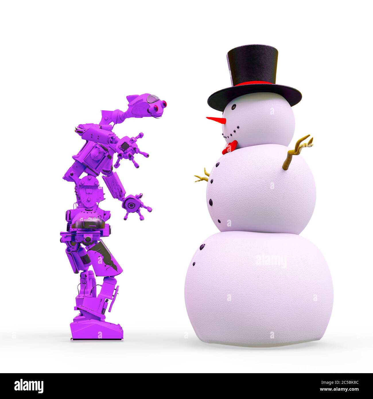 friendly robot is building a snow man in white background, 3d ...