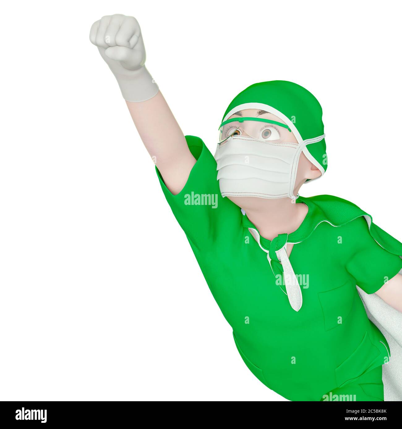 super doctor cartoon is flying up in white background close up, 3d ...
