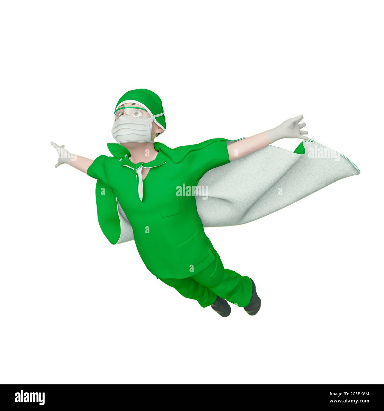 super doctor cartoon is flying away in white background, 3d ...