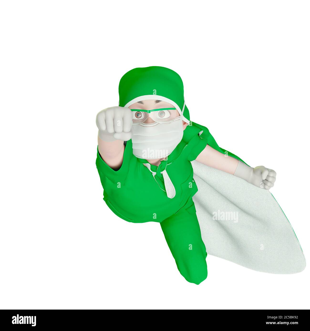 super doctor cartoon is flying up in white background drone view, 3d ...