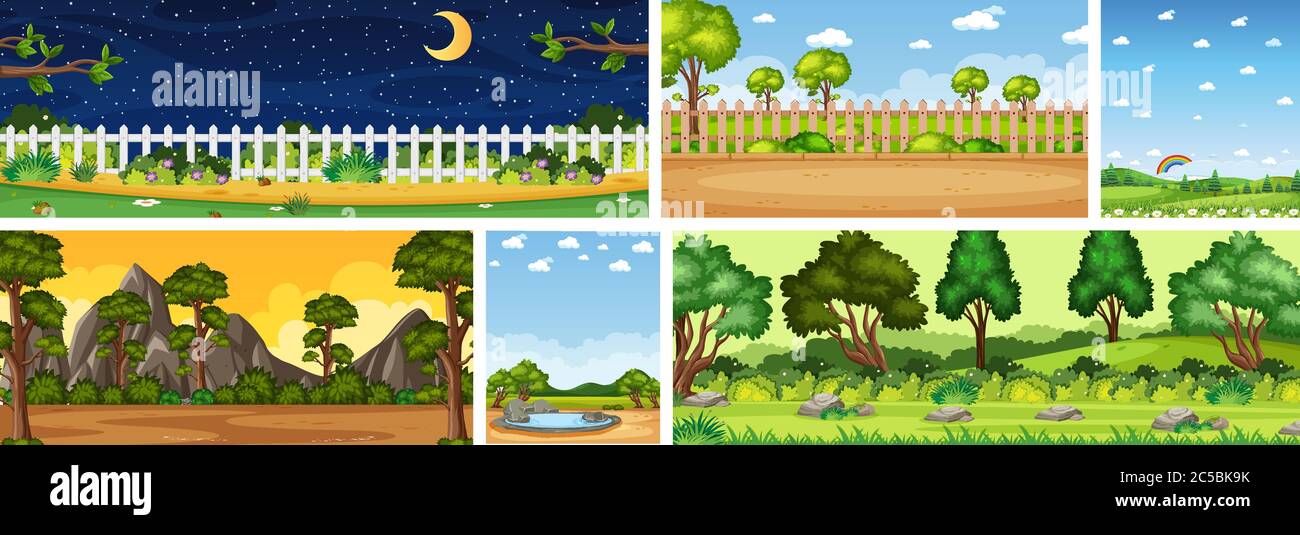 Set of different nature place scene in vertical and horizon scenes at ...