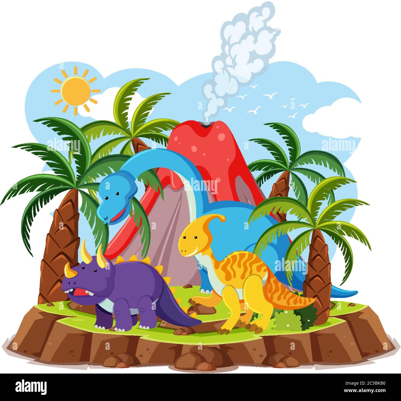 Cute dinosaurs with volcano eruption isolated on white background ...