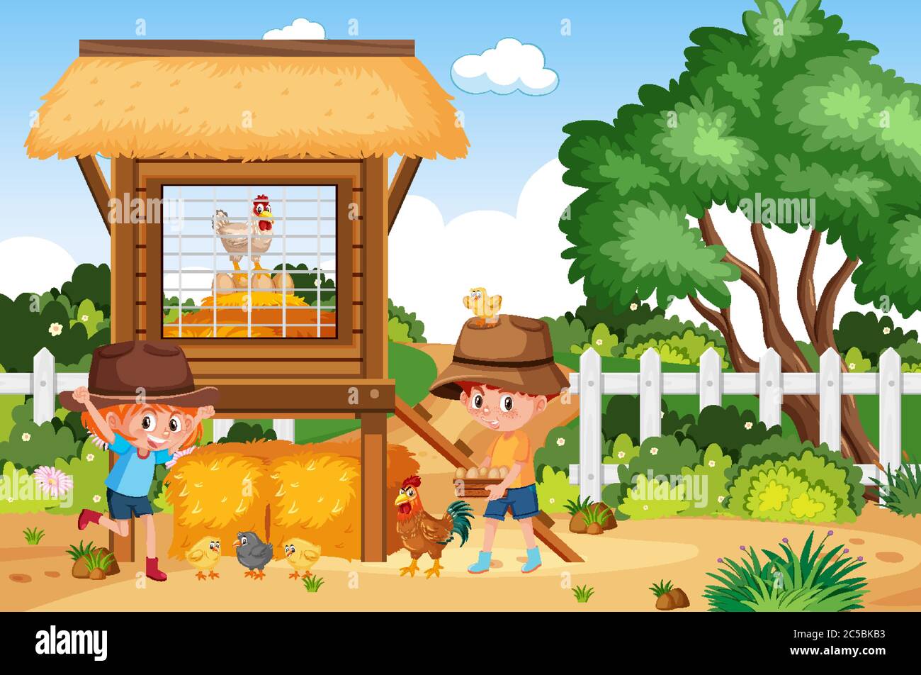 Farm scene with boy and girl working on the farm illustration Stock ...