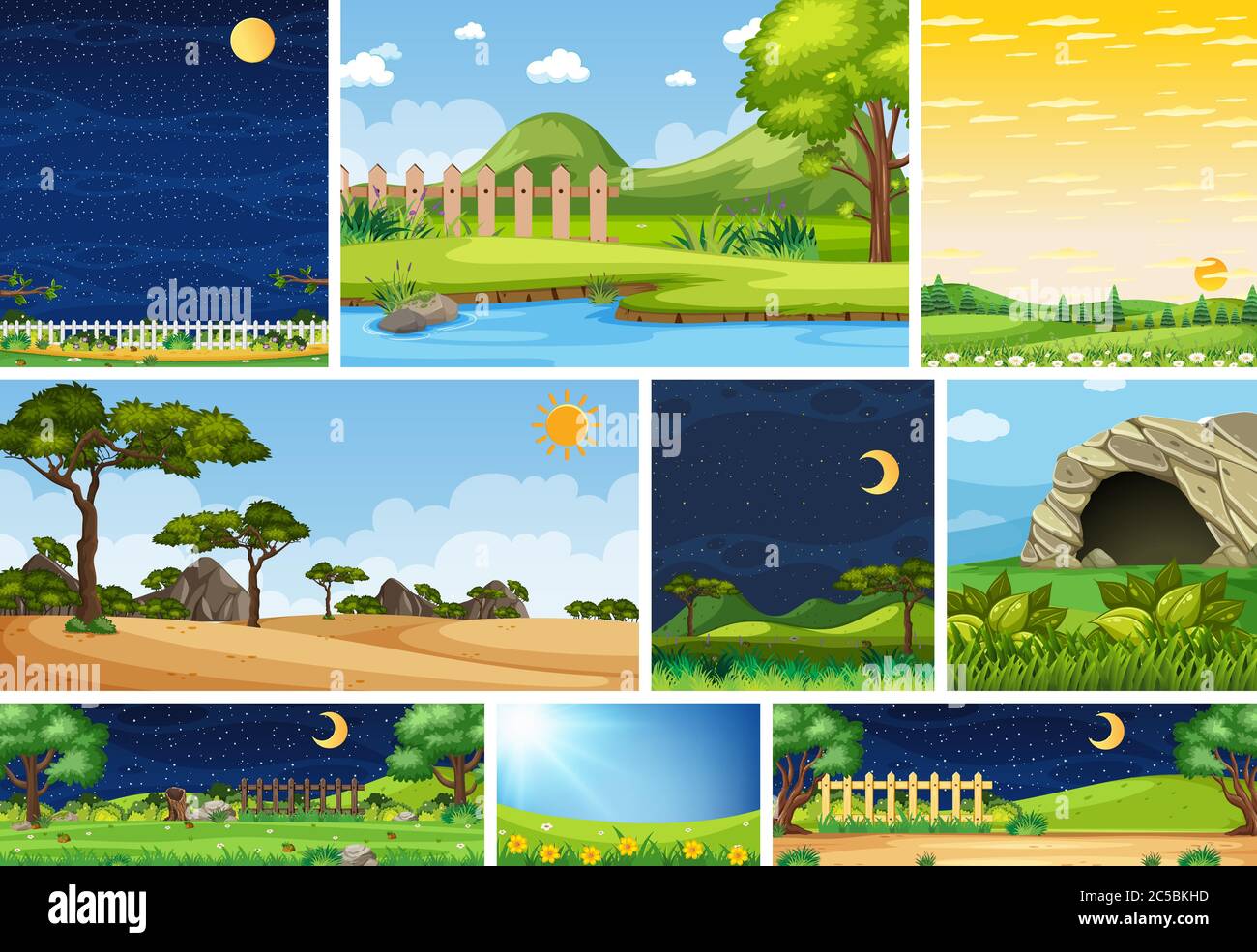 Set of different nature place scene in vertical and horizon scenes at ...