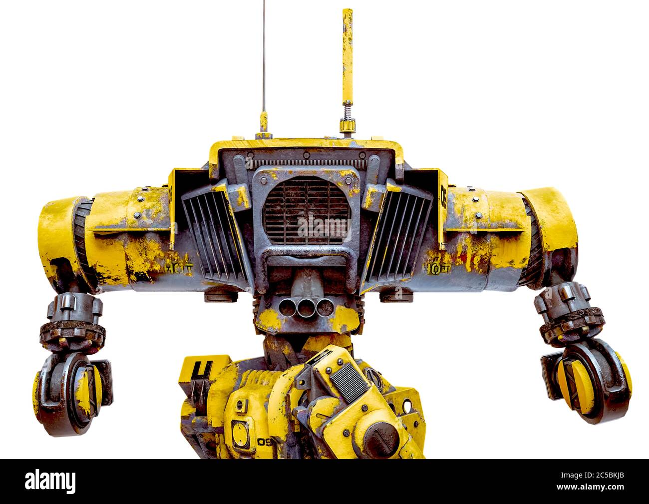 yellow combat mech in a white background rear view close up, 3d ...